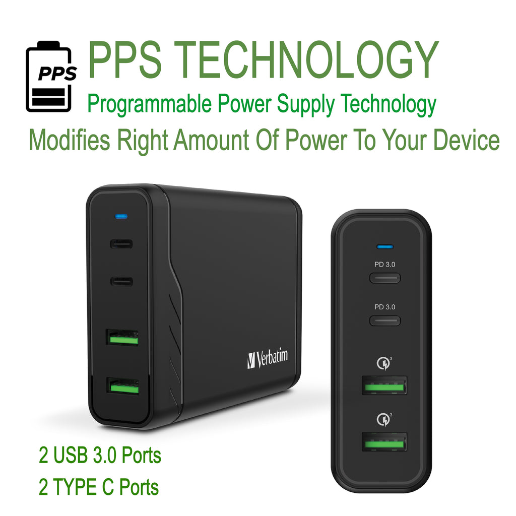VERBATIM CHARGER 4 PORT TYPE C USB 3.0 CHARGER 100 WATTS WITH TYPE C T ...