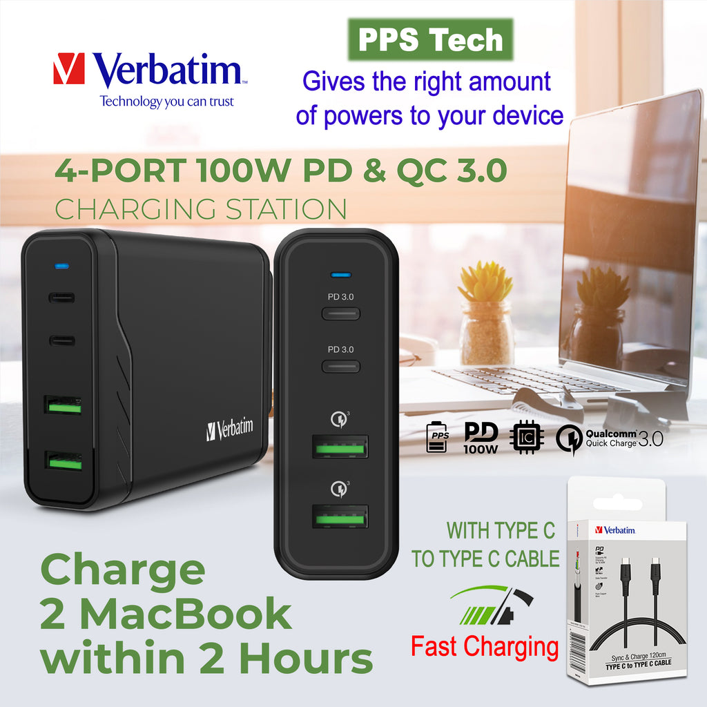 VERBATIM CHARGER 4 PORT TYPE C USB 3.0 CHARGER 100 WATTS WITH TYPE C T ...