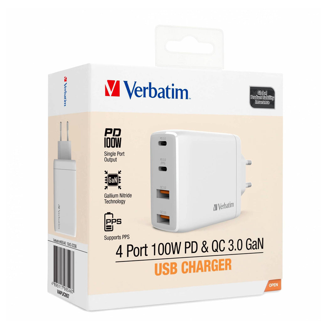 VERBATIM CHARGER 4 PORT TYPE C USB 3.0 CHARGER 100 WATTS WITH TYPE C T ...
