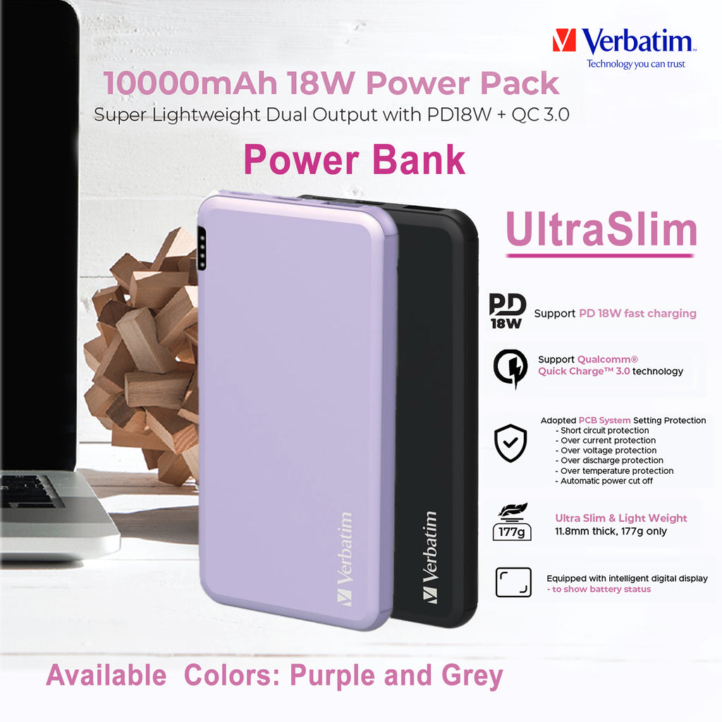 VERBATIM POWER BANK 10,000 mAh DUAL OUTPUT WITH PD18W QUICK CHARGE 3.0 ...
