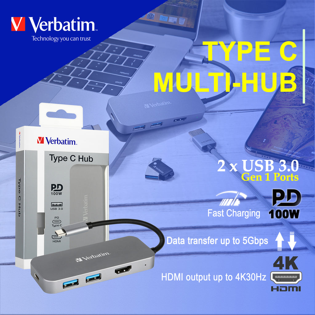 Verbatim Type-C 4 Port Hub with 4K HDMI, USB 3.0 PD 100 Watts ...